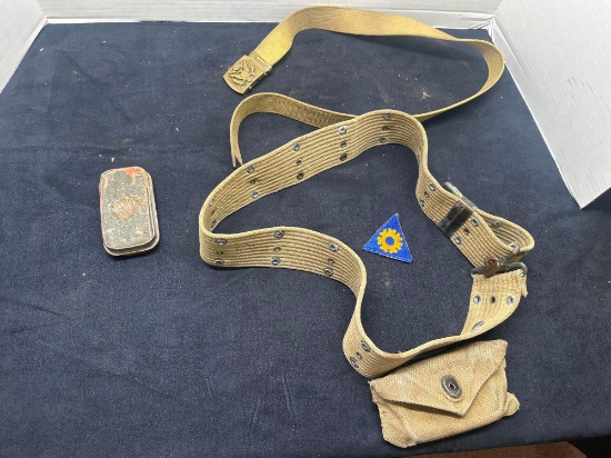 WWII ammo pistol belt with first aid package and 1942 pouch, and US ...