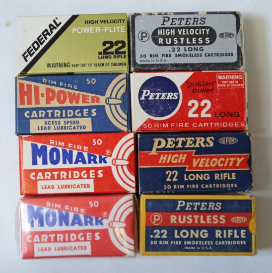 8 Full Vintage Boxes .22 Cartridges Ammunition - 4 Peters 2 Long, 2 LR ...