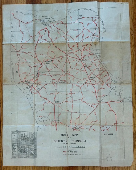 WWII U.S. Army Restricted Road Map of the Cotentin Peninsula with ...