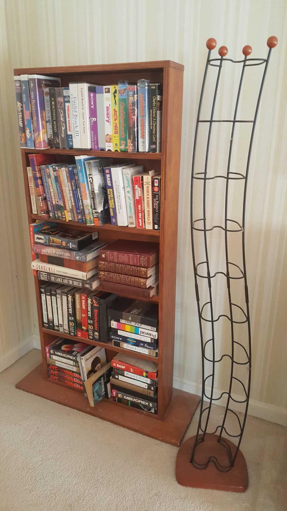 CD rack tower, bookcase and VHS tapes | Proxibid