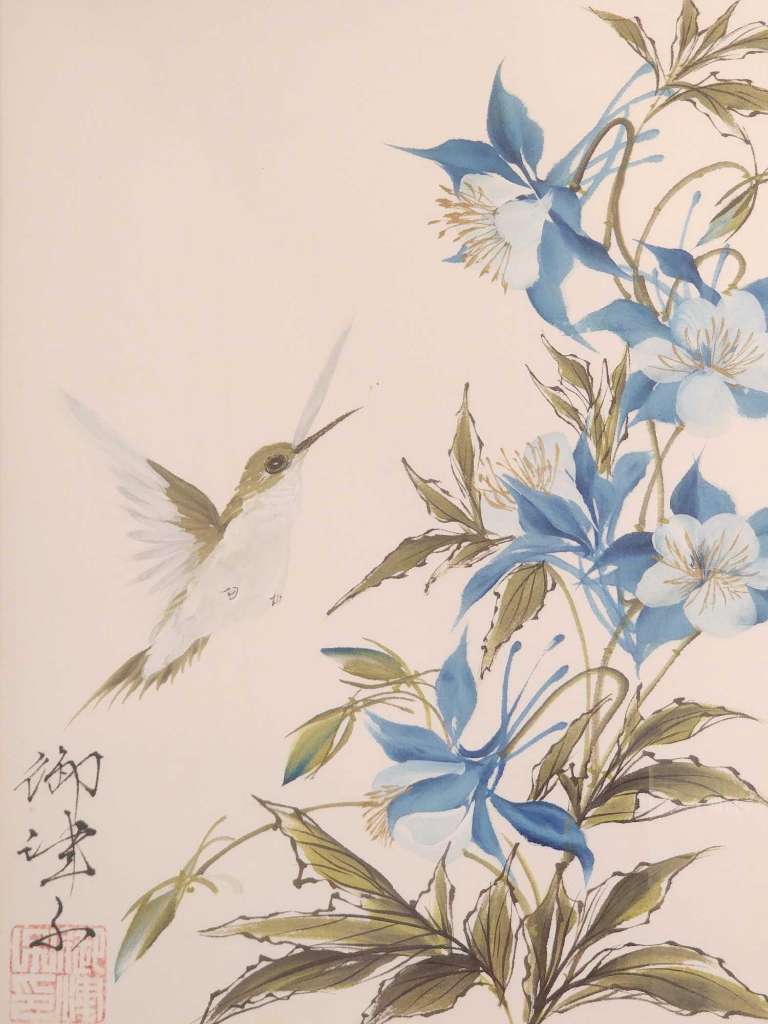 Japanese Hummingbird & colombine Sumi painting by | Proxibid