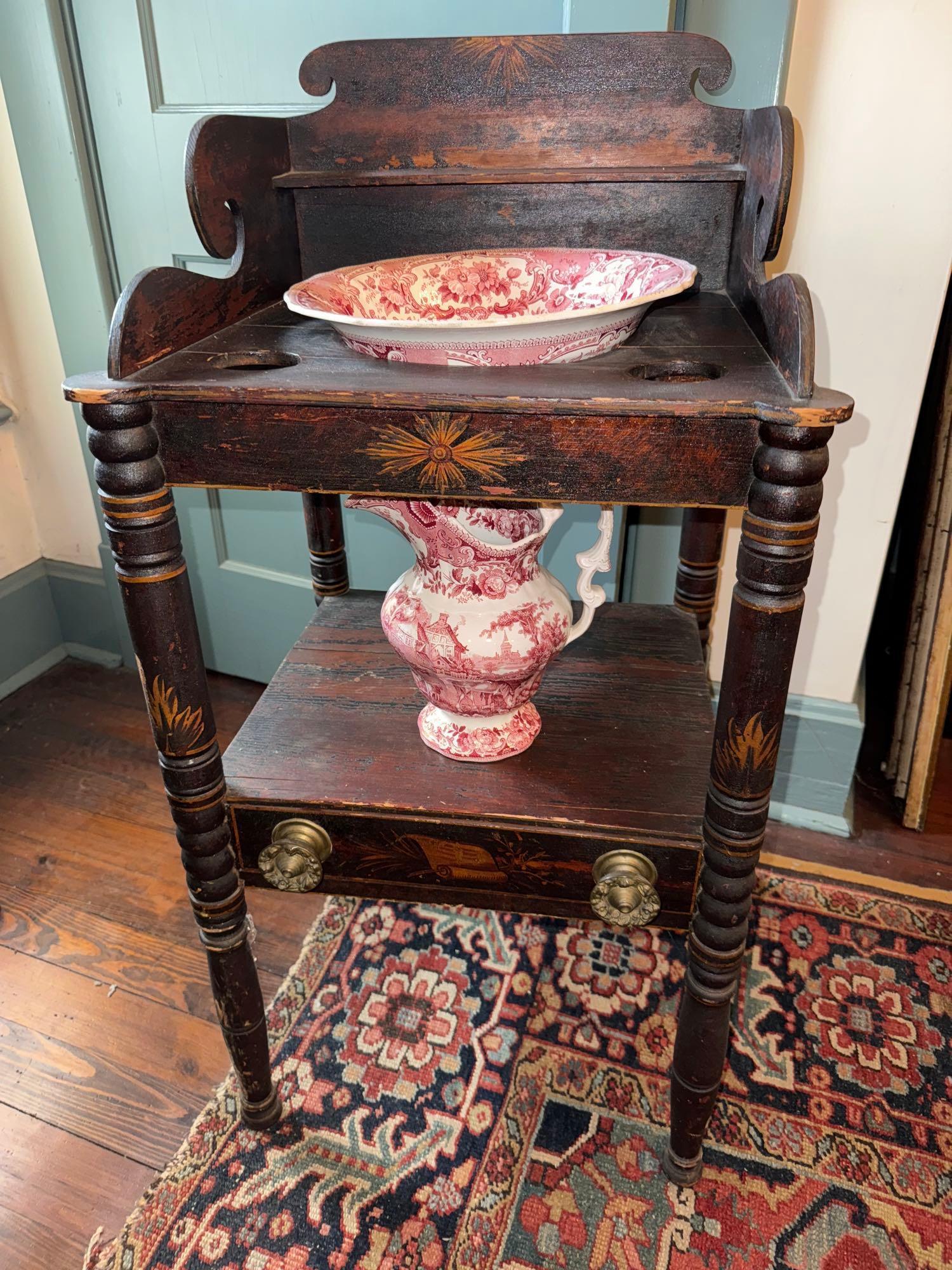 Commode stand w/ red transfer pitcher & wash | Proxibid