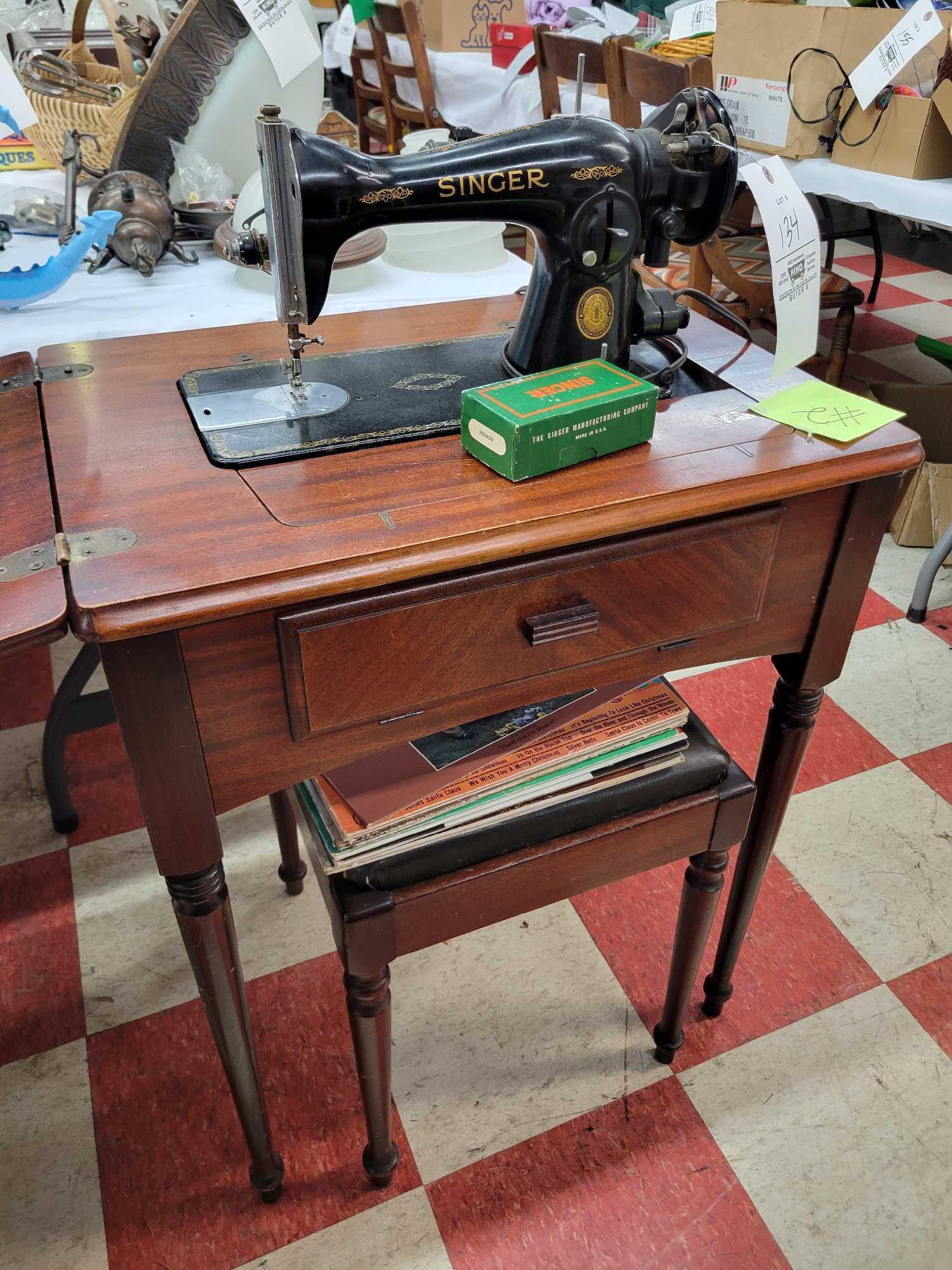 Singer sewing machine, stool, records | Proxibid