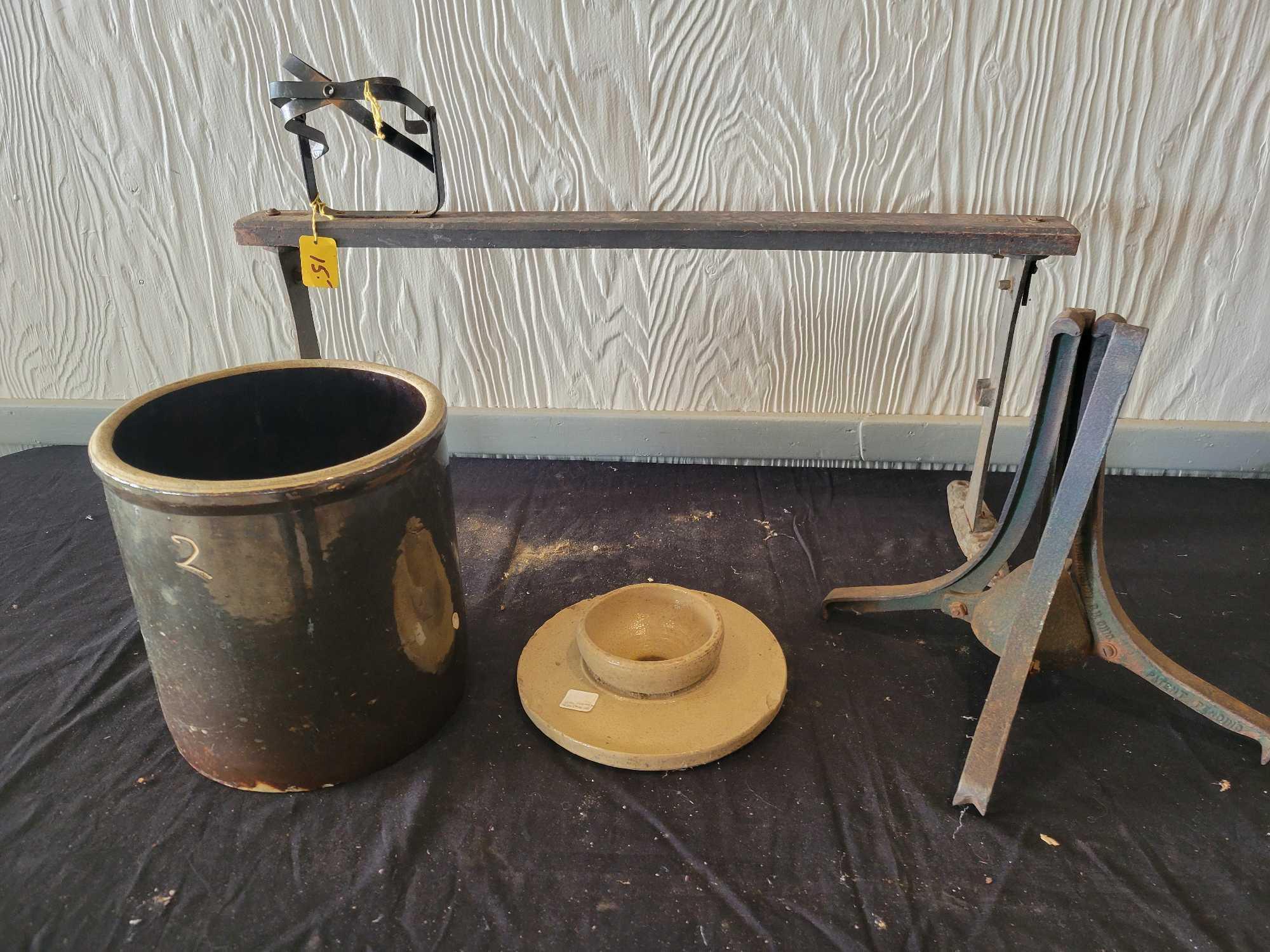 Antique 2 Gal crock, churn pottery top, paper | Proxibid