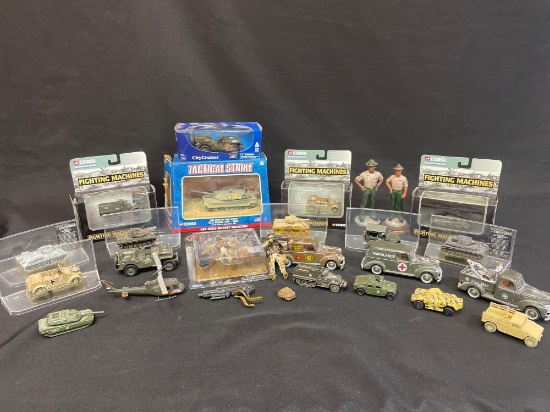 Corgi show case collection, marine action figures, tanks, trucks ...