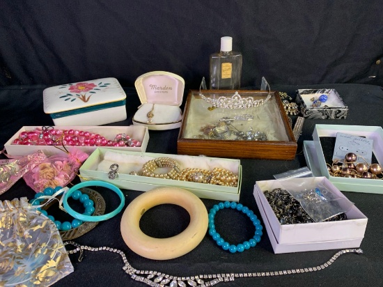 3 boxes of vintage and modern costume jewelry, tiara, plastic bangles ...
