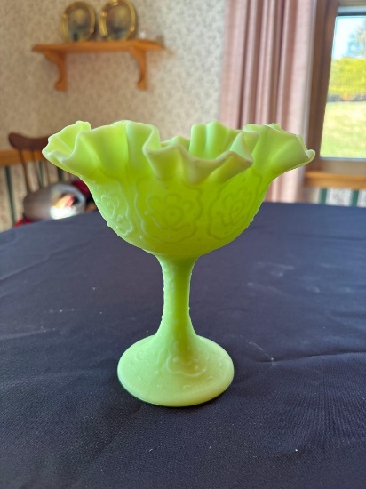 Fenton Ruffled Green Satin Uranium Glass Footed Compote | Art, Antiques ...