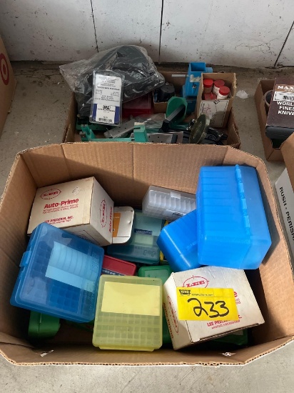 Assorted gun related items including bullet organizers, clips, muzzle ...