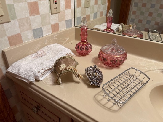 Fenton Cranberry Perfume Bottle and Powder Box, 2 Night Lights with ...