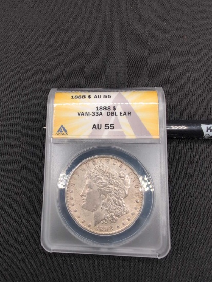 1888 Morgan Silver Dollar AU 55 ANACS VAM 33A DBL Ear seldom seen ...