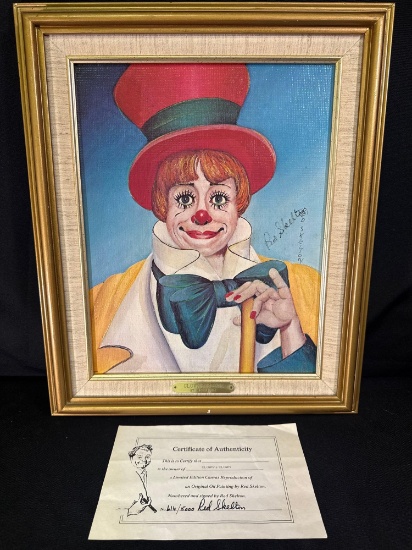 Framed Red Skelton Clowns Clown print on canvas, additionally signed front and back with ...