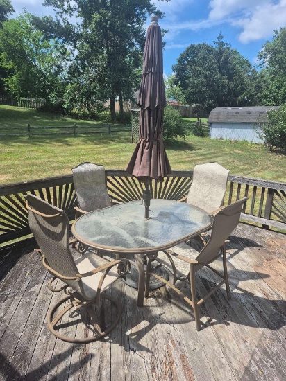 9 Pc. Outdoor Patio Set - Table, Chairs, Umbrella, Stands, & Bench Rocker | Estate & Personal ...