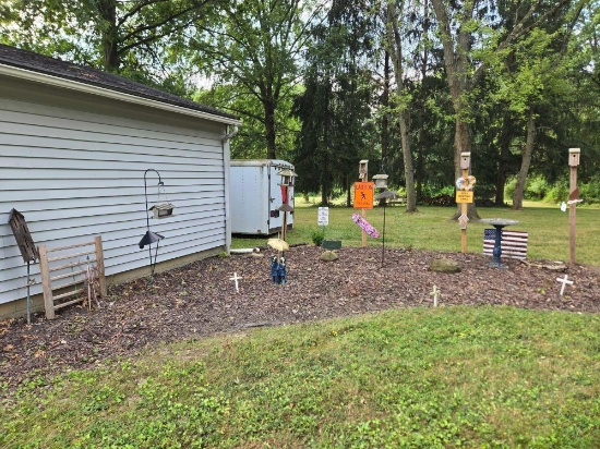 Lot of signs, bird bath, shepards hooks | Online Auctions | Proxibid