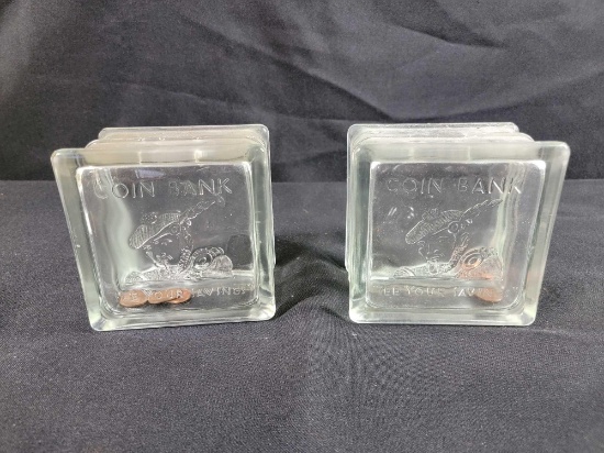 2 Vintage Glass Block Coin Banks Scotsman See Your Savings | Online Auctions | Proxibid