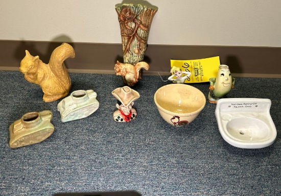 (3) pc Niloak pottery - cast sink sample - wall pocket - Priebe bowl ...
