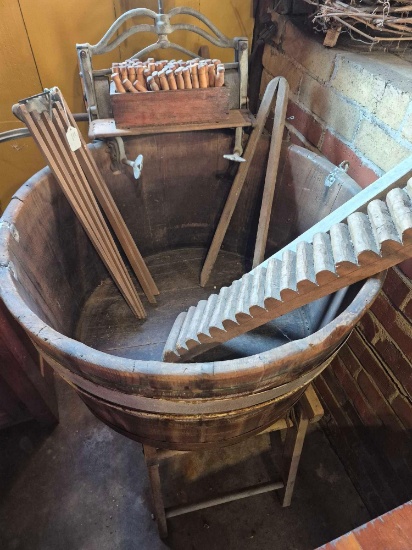 Primitive Wood Wash Barrel and Wringer on Stand | Online Auctions ...