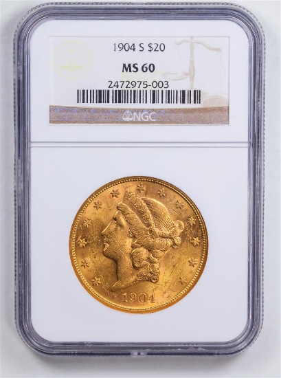 1904-S $20 Saint-Gaudens No Motto Double Eagle Gold Coin NGC MS60 ...