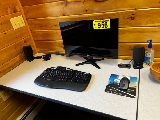 LOT: ACER MONITOR, COMPUTER SPEAKERS, KEYBOARD, OFFICE SUPPLIES ON DESK ...