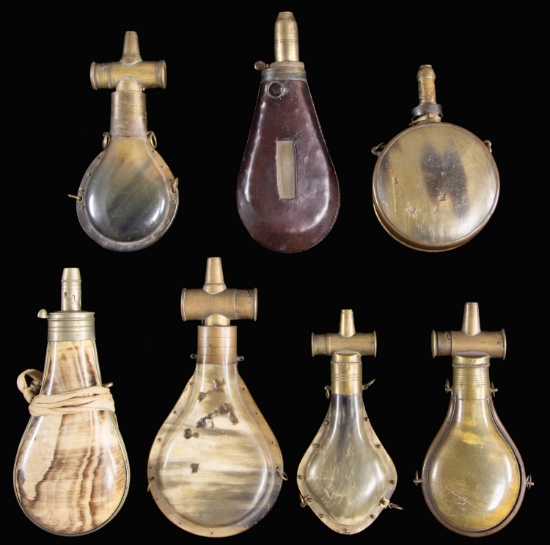 SEVEN SCARCE BRASS BOUND EARLY HORN POWDER HORNS. | Online Auctions ...