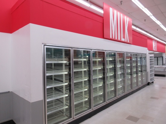 18FT X 22FT WALK-IN DAIRY COOLER W/9 DOORS, SHELVING 10FT TALL - REMOTE ...