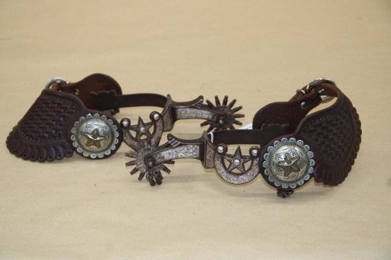 Incredible Set of Western Spurs with Fancy Leather Straps and Conchos ...