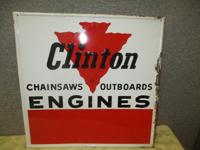 STAMPED TIN CLINTON ENGINES SIGN | Proxibid